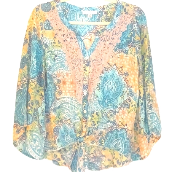 Spense | Tops | Spense Rayon Blend Tie Blouse With Cotton Crochet Trim ...